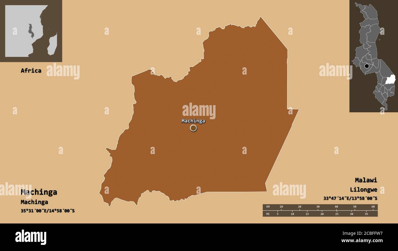 Shape of Machinga, district of Malawi, and its capital. Distance scale ...