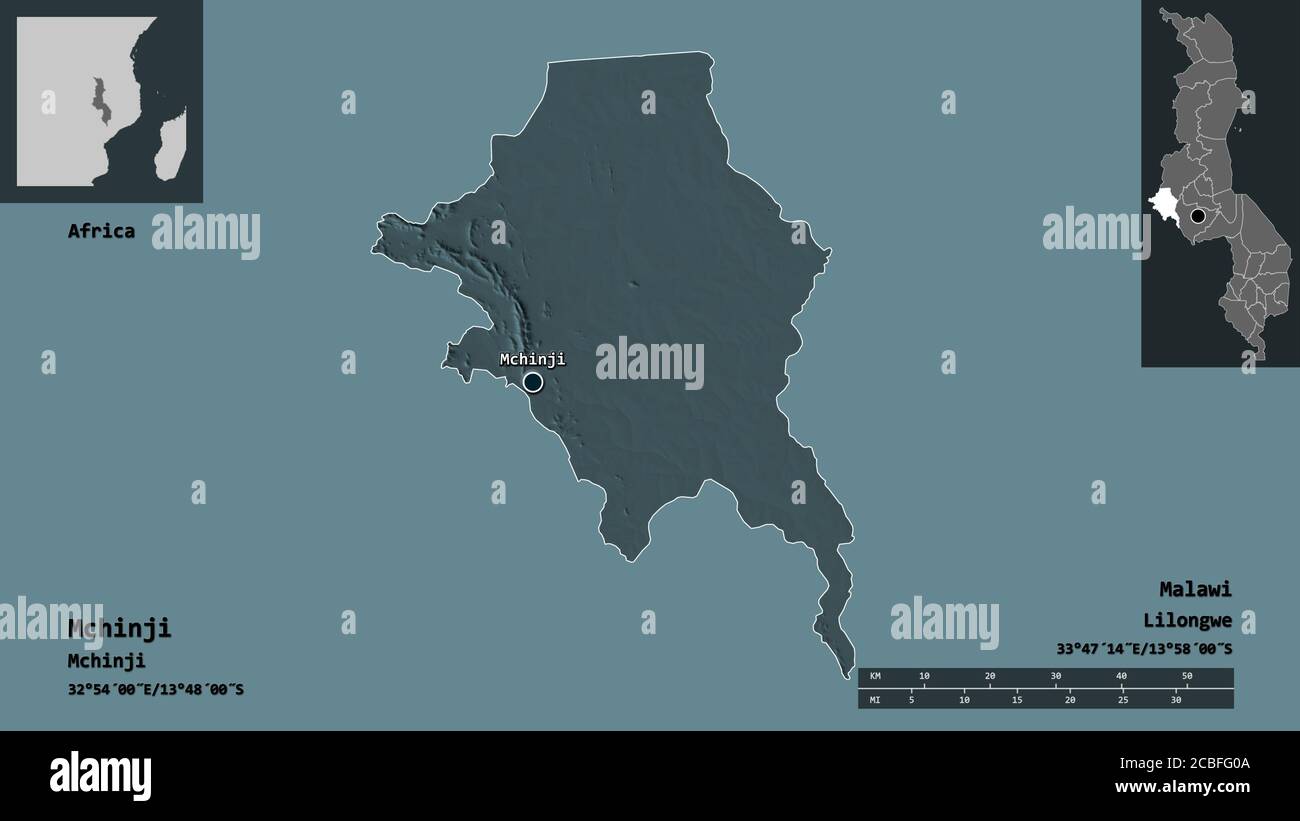 Shape of Mchinji, district of Malawi, and its capital. Distance scale ...