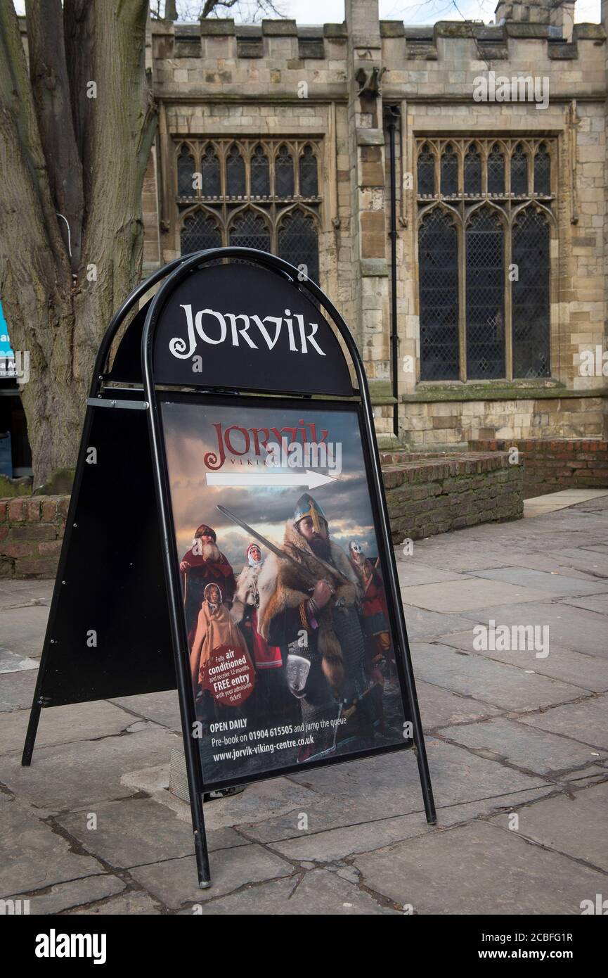 Sign outside the entrance to the Jorvik Viking Centre in the city of ...