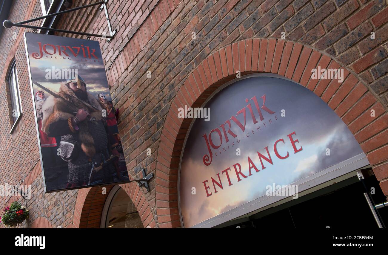 Sign outside the entrance to the Jorvik Viking Centre in the city of ...