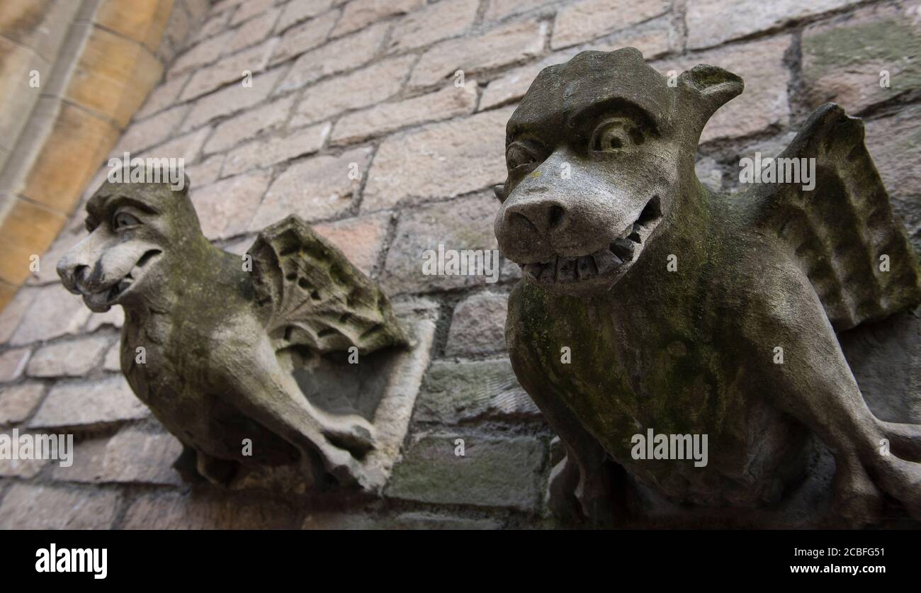 Stone grotesques on a building in the City of York, Yorkshire, England ...