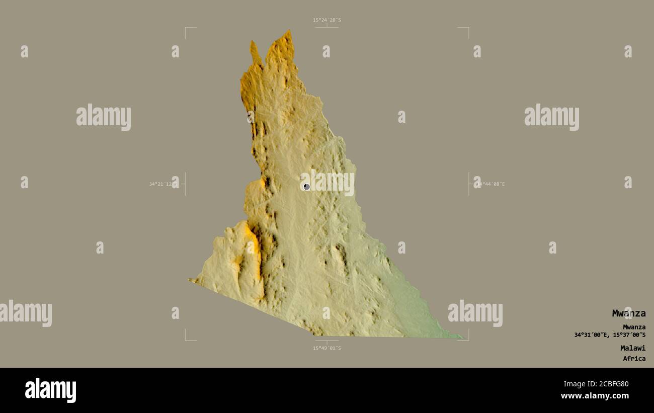 Area of Mwanza, district of Malawi, isolated on a solid background in a ...