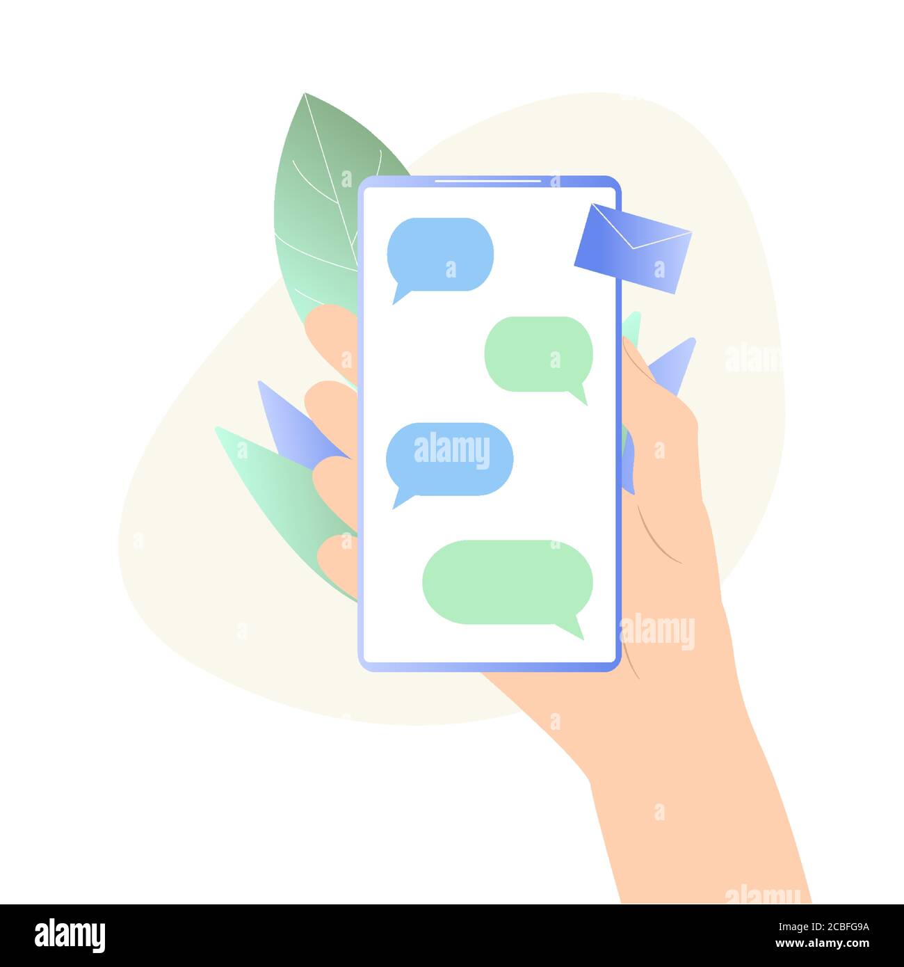 Hand holding mobile phone and chatting. Online chat, messaging app ...