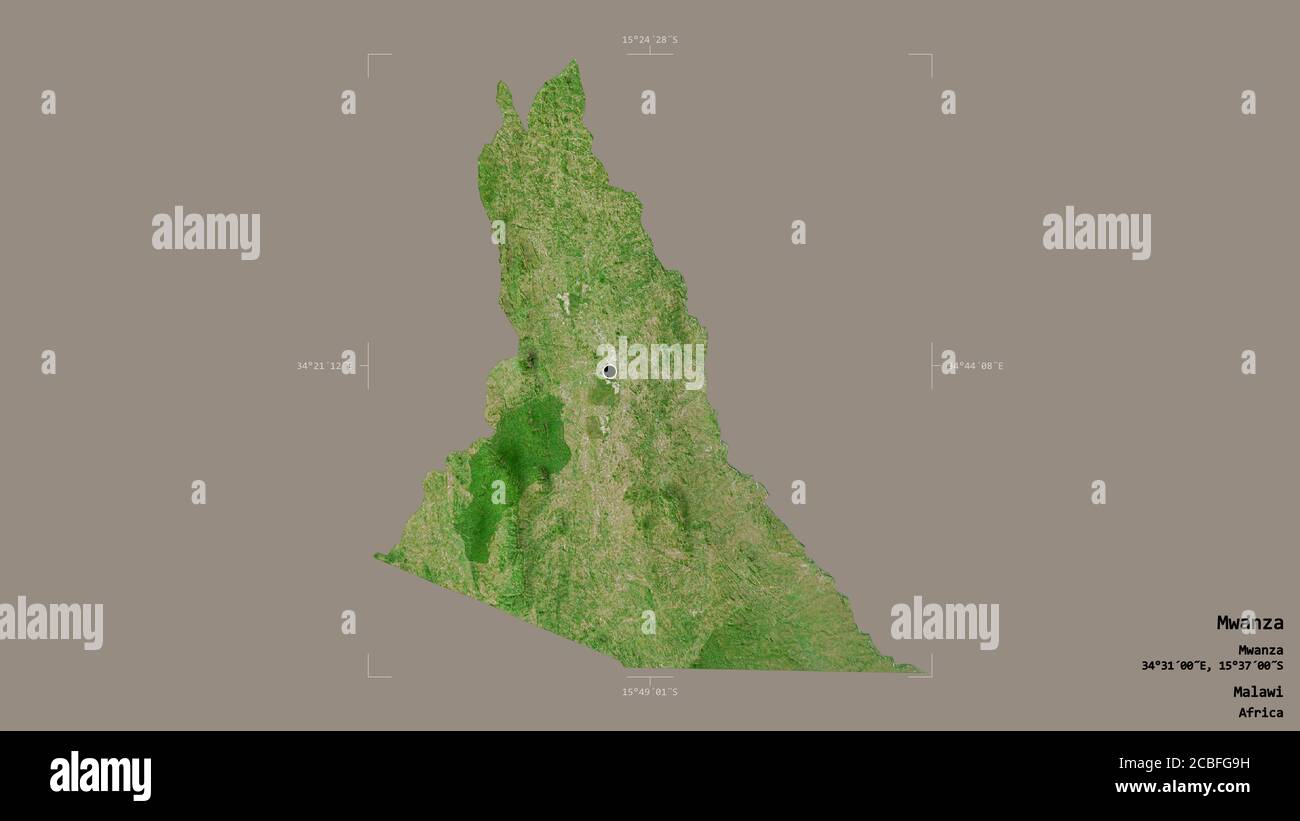 Area of Mwanza, district of Malawi, isolated on a solid background in a ...