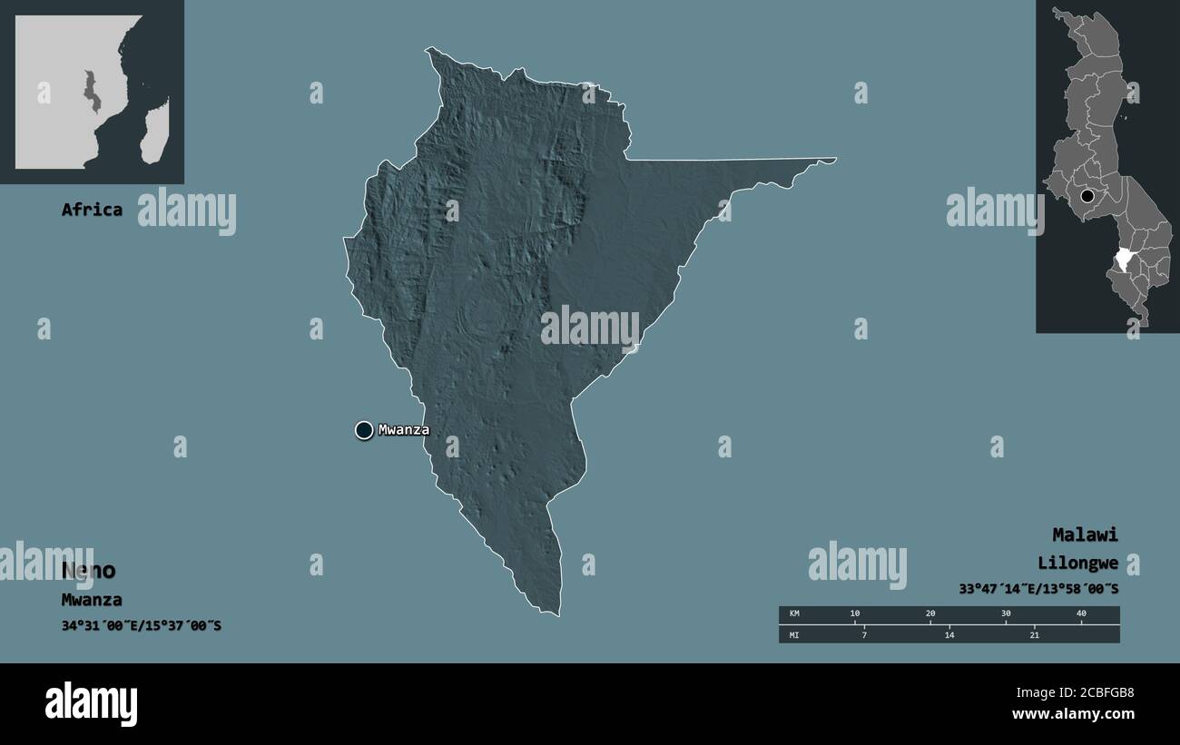 Shape of Neno, district of Malawi, and its capital. Distance scale ...