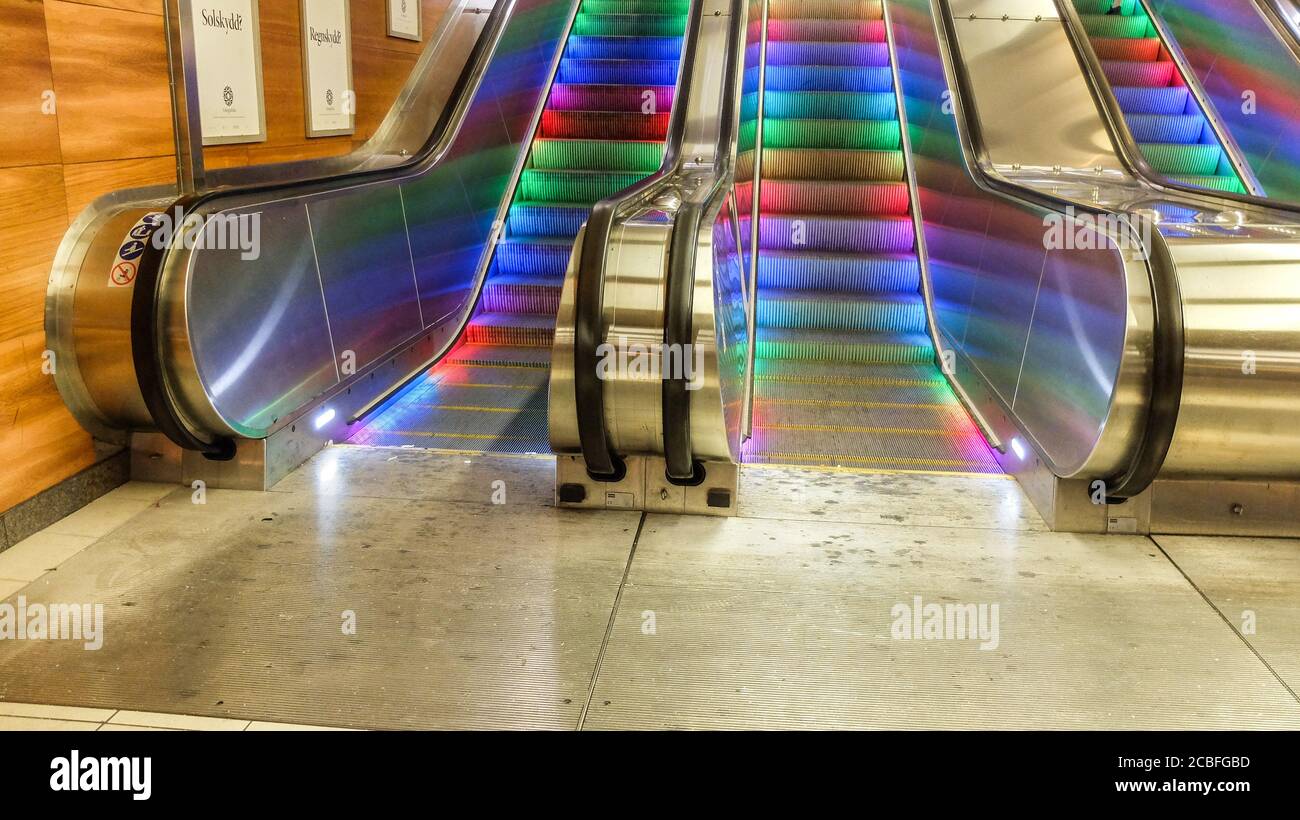 Beautiful and colorful escalator inside a metrostation, subway ...
