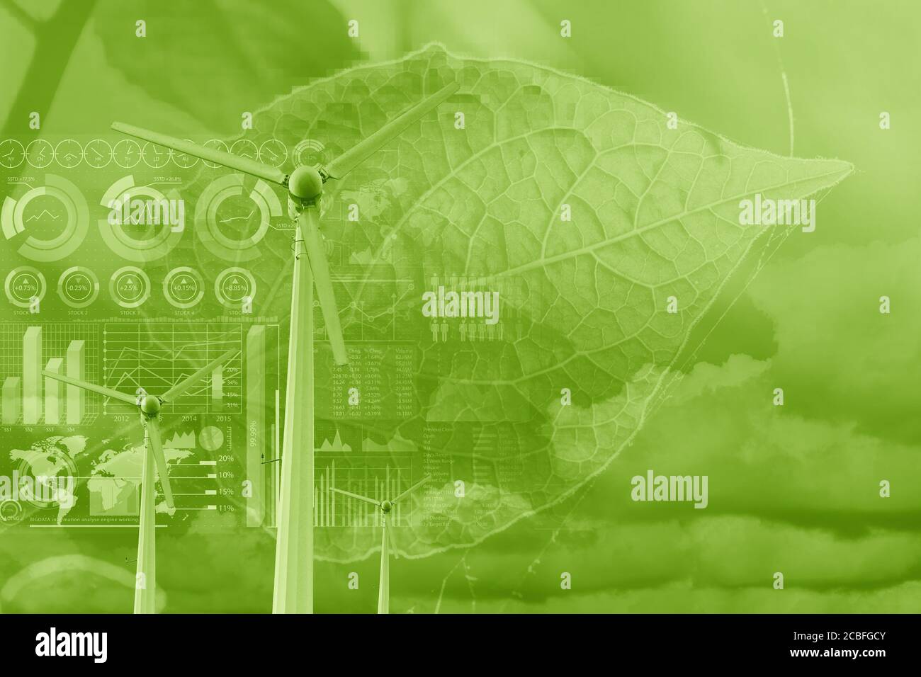 wind turbine overlay with plant leaf and data infographic for eco green ...