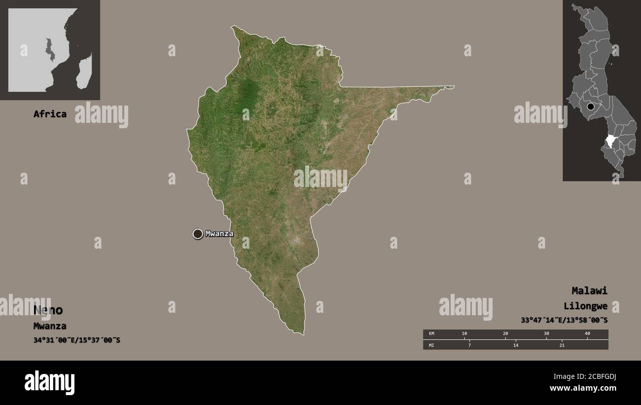 Shape of Neno, district of Malawi, and its capital. Distance scale ...