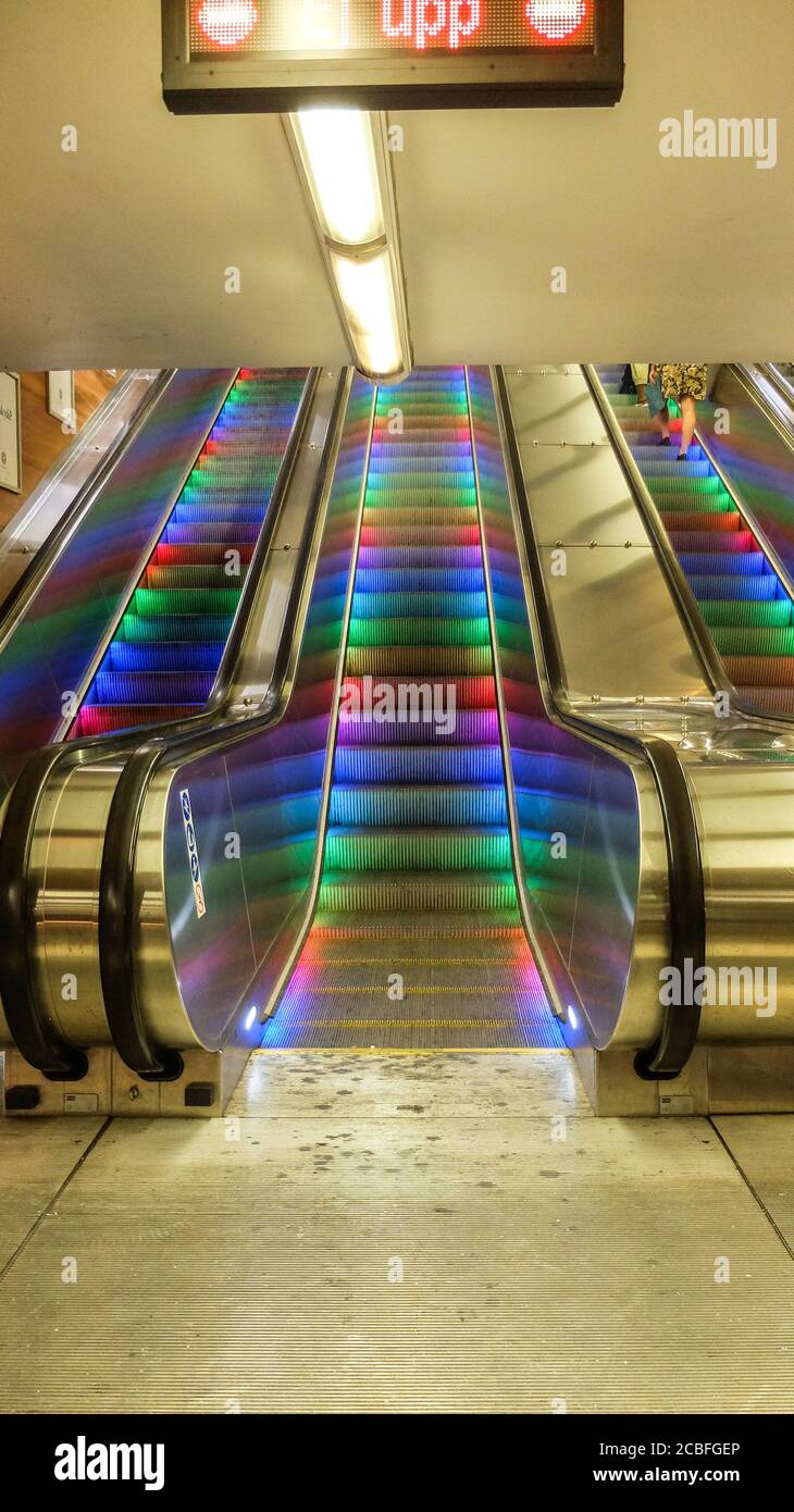 Beautiful and colorful escalator inside a metrostation, subway ...