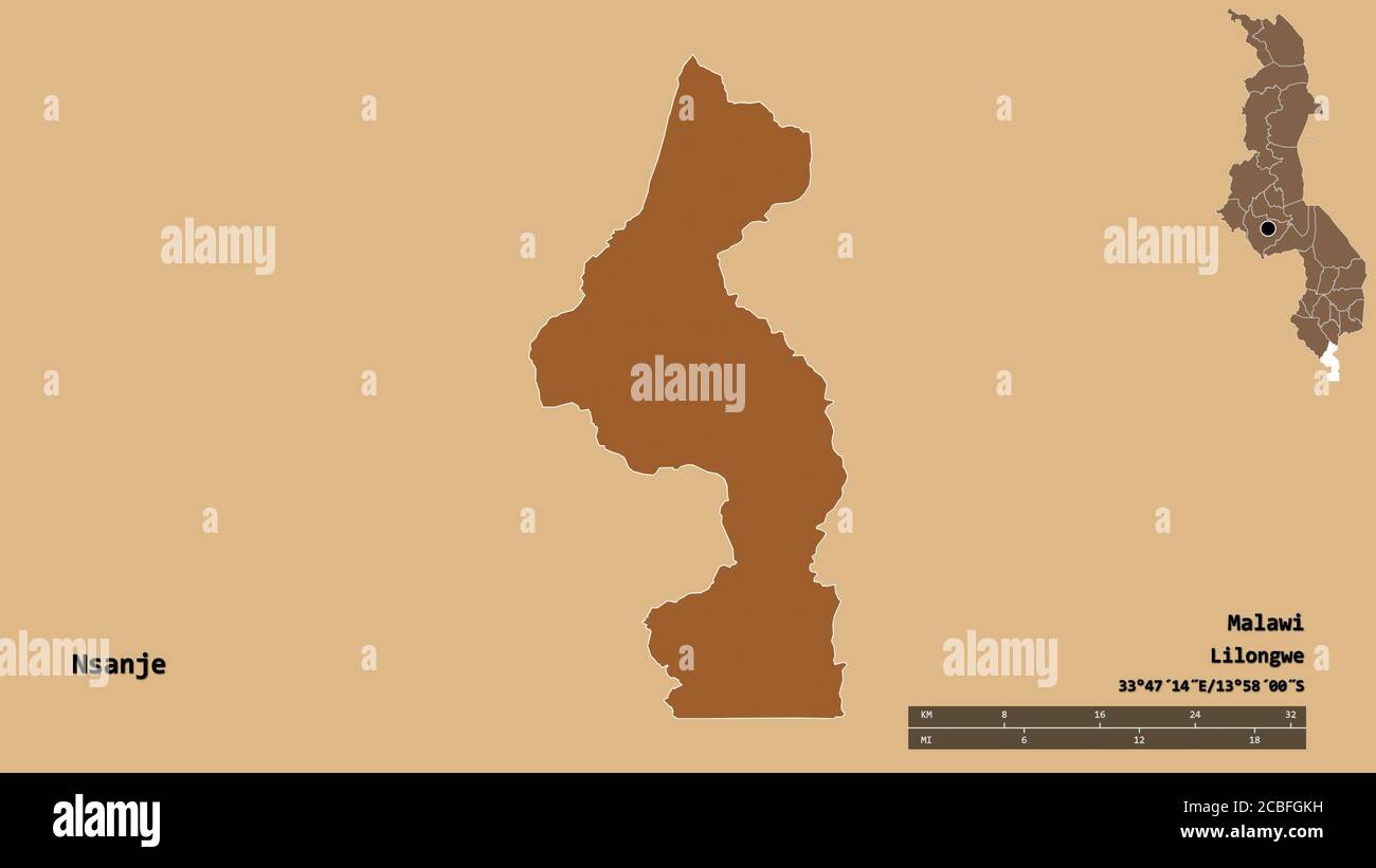 Shape of Nsanje, district of Malawi, with its capital isolated on solid ...