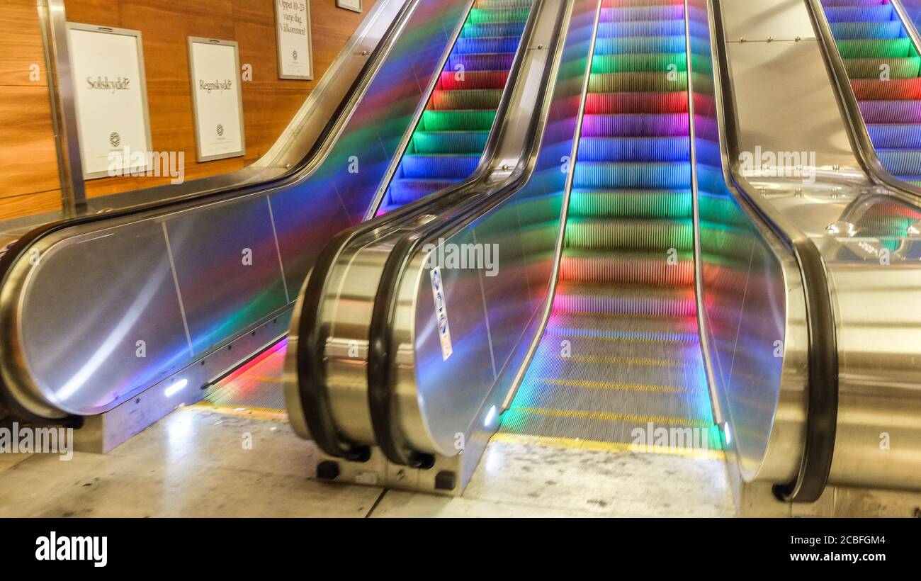 Beautiful and colorful escalator inside a metrostation, subway ...