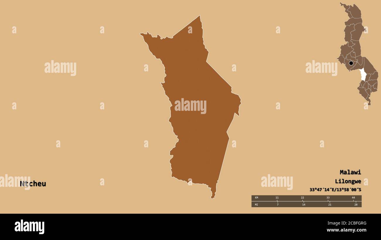 Shape of Ntcheu, district of Malawi, with its capital isolated on solid ...