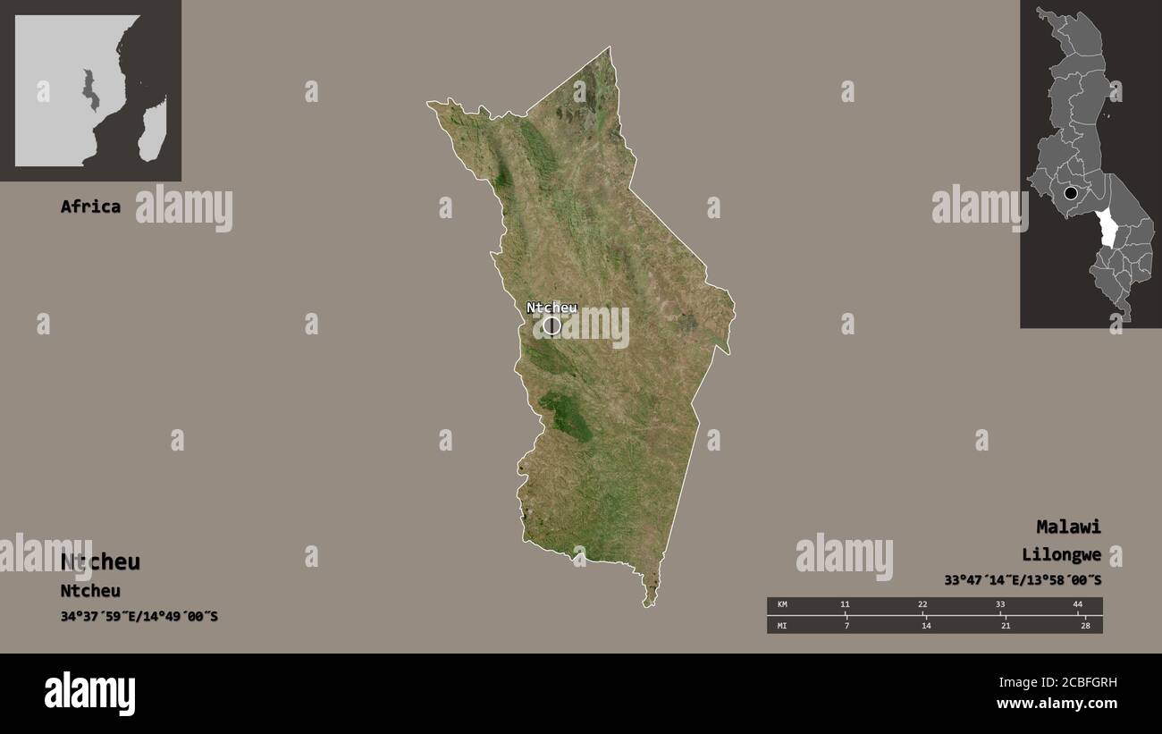 Shape of Ntcheu, district of Malawi, and its capital. Distance scale ...