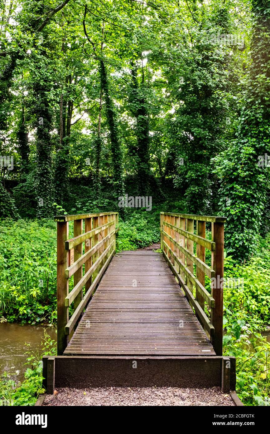 Wooden footbridge over stream in Dingle Wood Sandbach Cheshire UK Stock ...