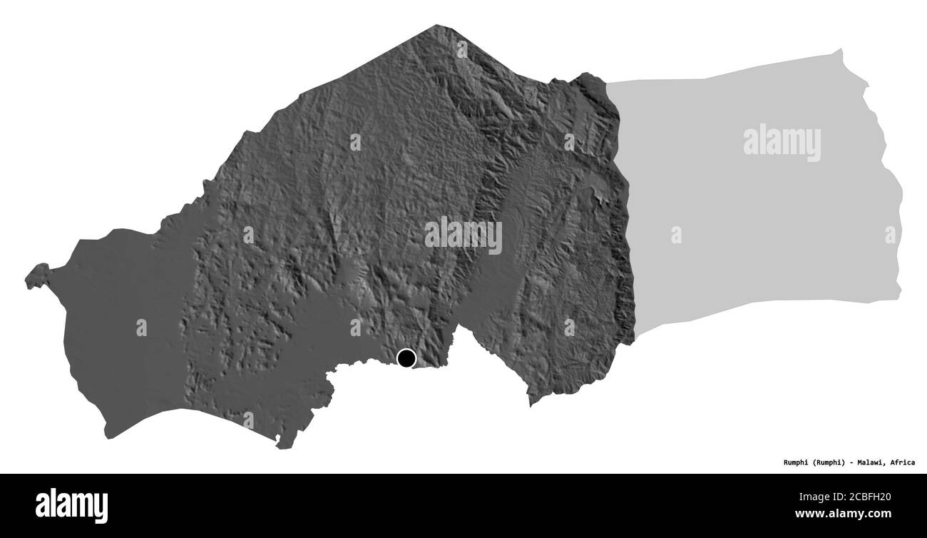 Shape of Rumphi, district of Malawi, with its capital isolated on white ...