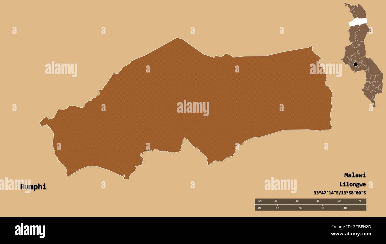 Shape of Rumphi, district of Malawi, with its capital isolated on solid ...