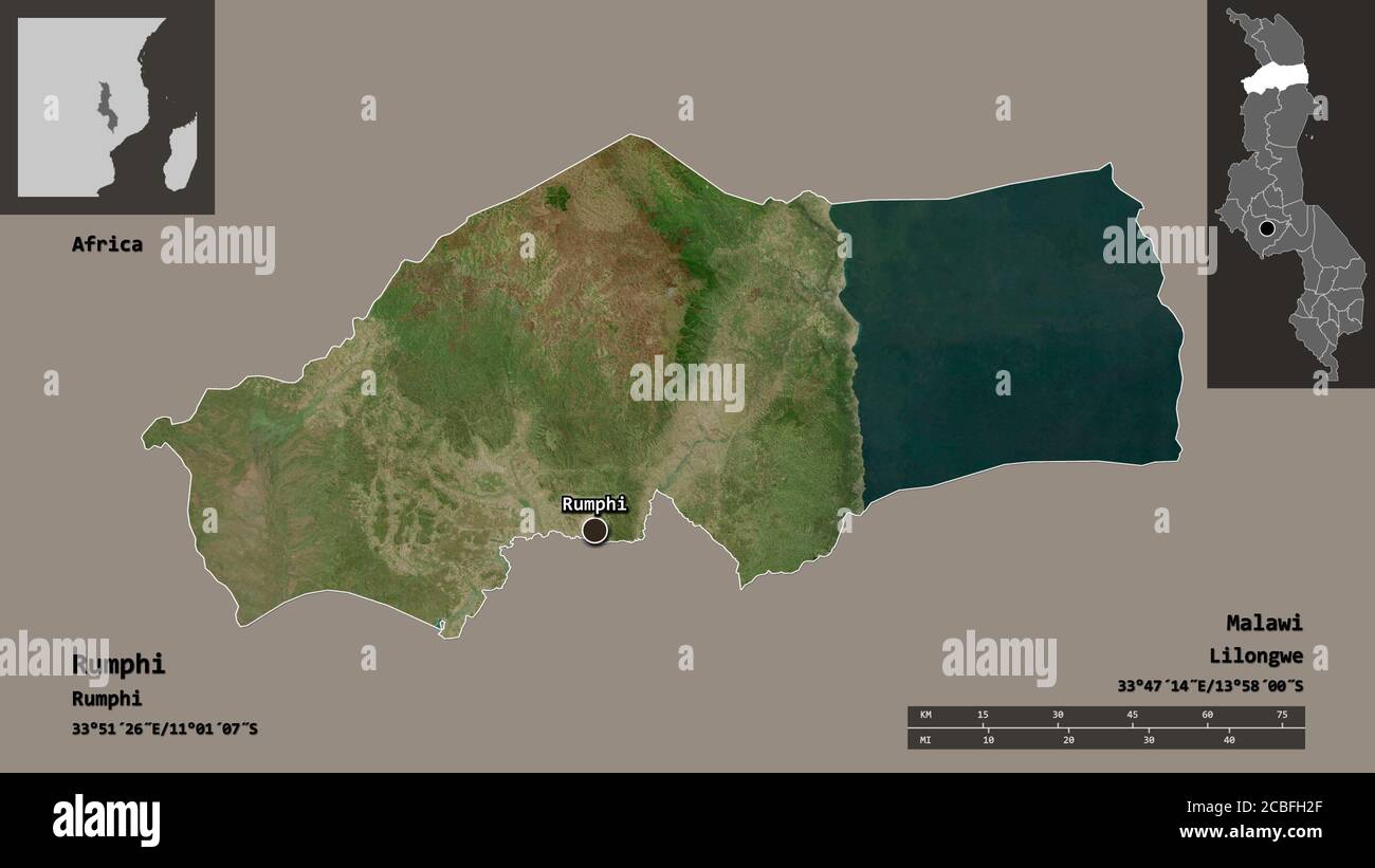 Shape of Rumphi, district of Malawi, and its capital. Distance scale ...