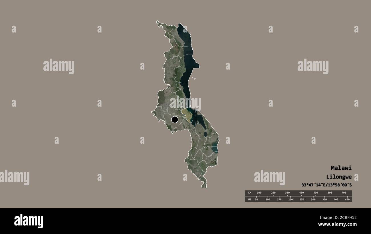 Desaturated shape of Malawi with its capital, main regional division ...
