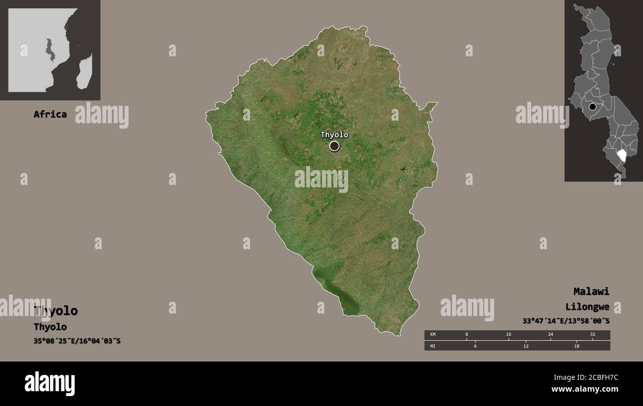 Shape of Thyolo, district of Malawi, and its capital. Distance scale ...