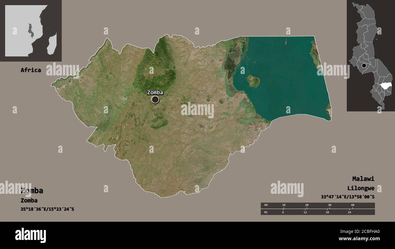 Shape of Zomba, district of Malawi, and its capital. Distance scale ...