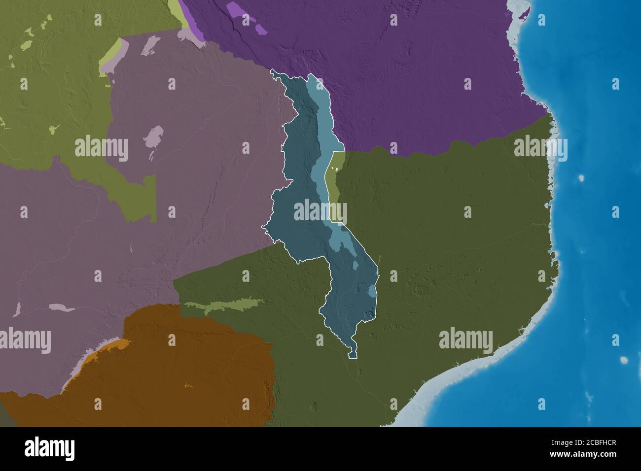 Extended area of outlined Malawi. Colored elevation map. 3D rendering ...