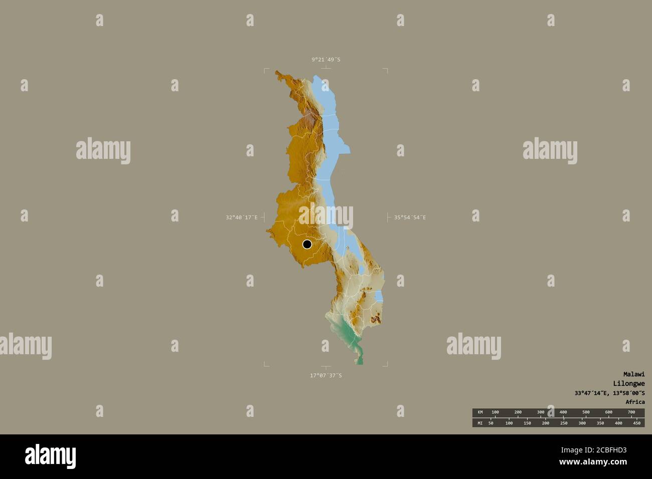 Area of Malawi isolated on a solid background in a georeferenced ...