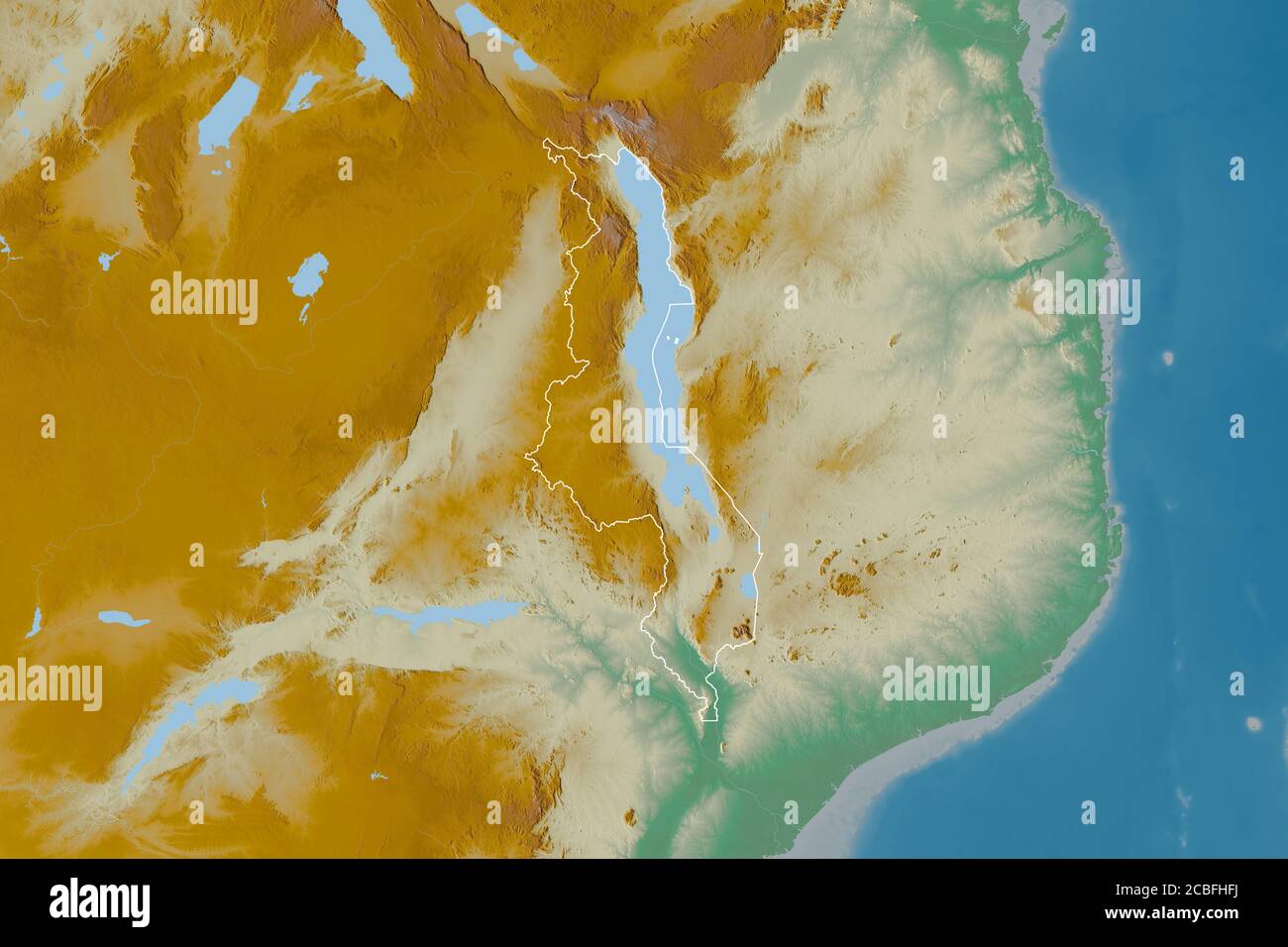 Extended area of outlined Malawi. Topographic relief map. 3D rendering ...