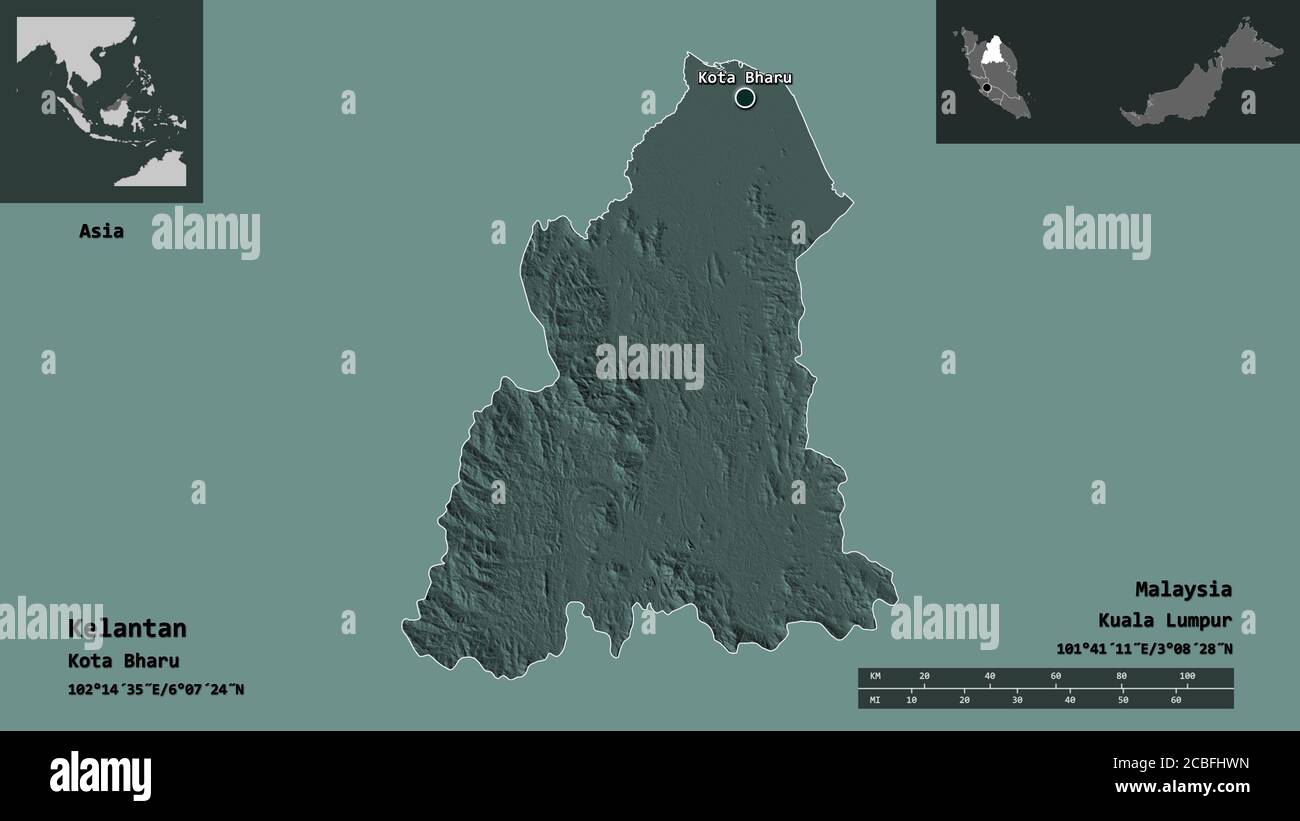 Shape of Kelantan, state of Malaysia, and its capital. Distance scale ...