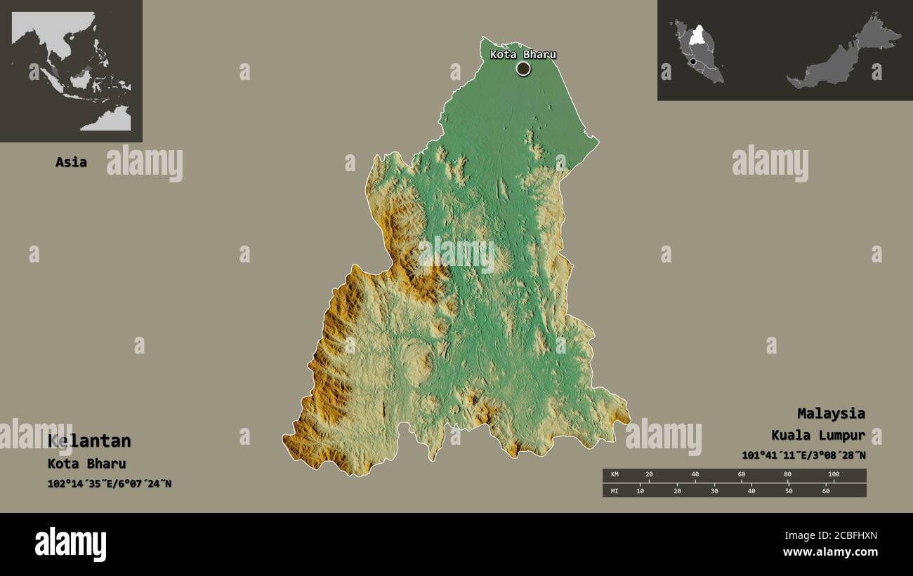 Shape of Kelantan, state of Malaysia, and its capital. Distance scale ...
