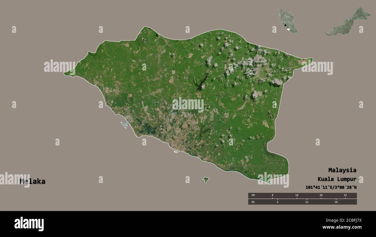 Shape of Melaka, state of Malaysia, with its capital isolated on solid ...