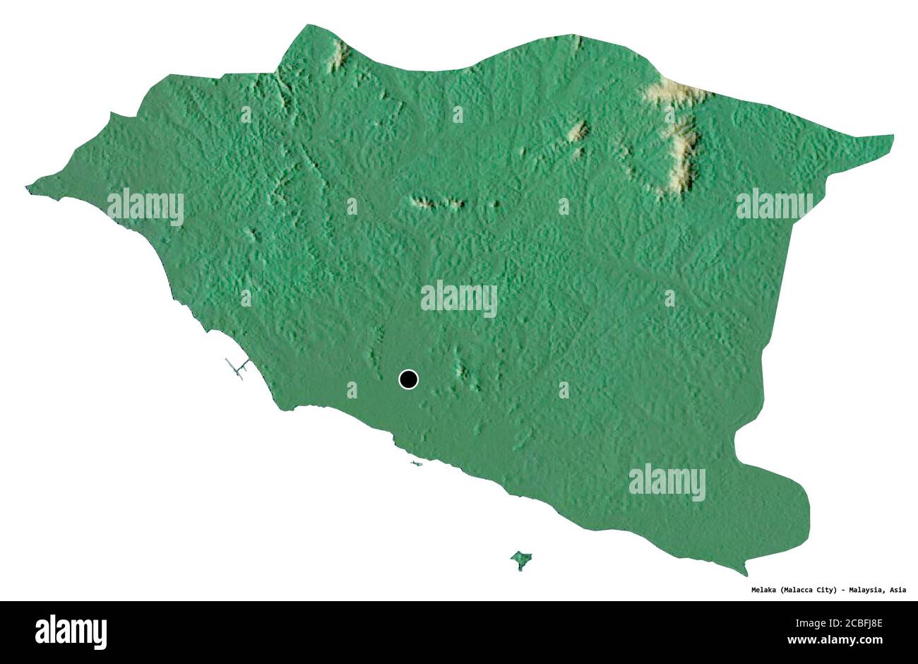 Shape of Melaka, state of Malaysia, with its capital isolated on white ...