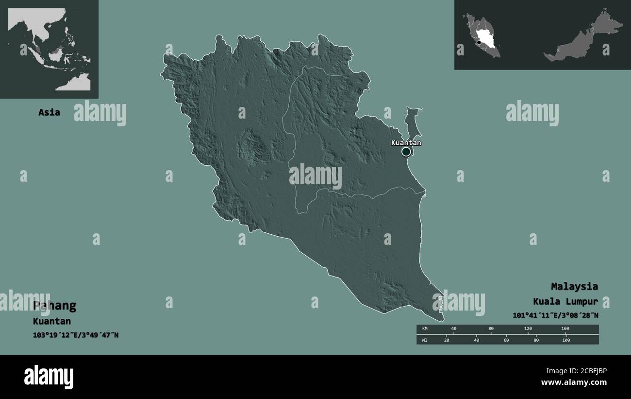 Shape of Pahang, state of Malaysia, and its capital. Distance scale ...