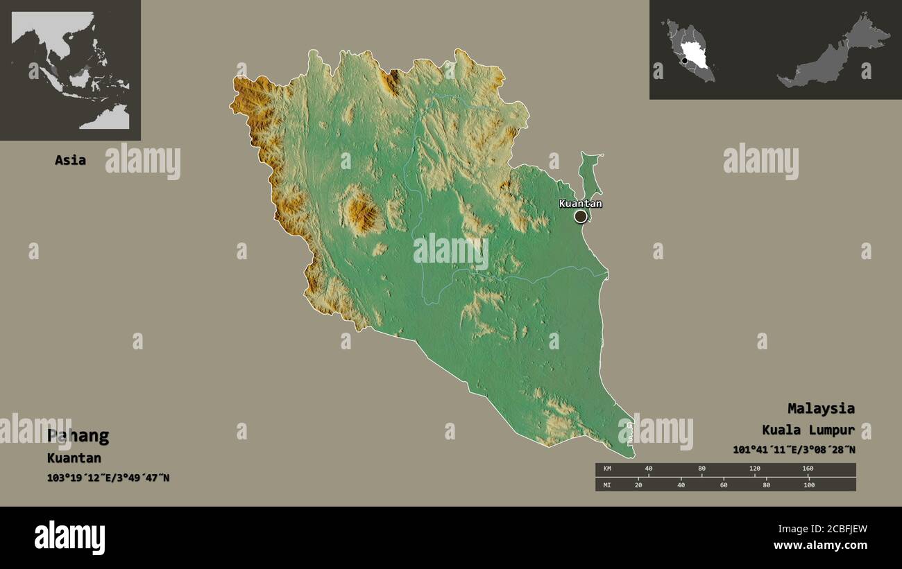 Shape of Pahang, state of Malaysia, and its capital. Distance scale ...