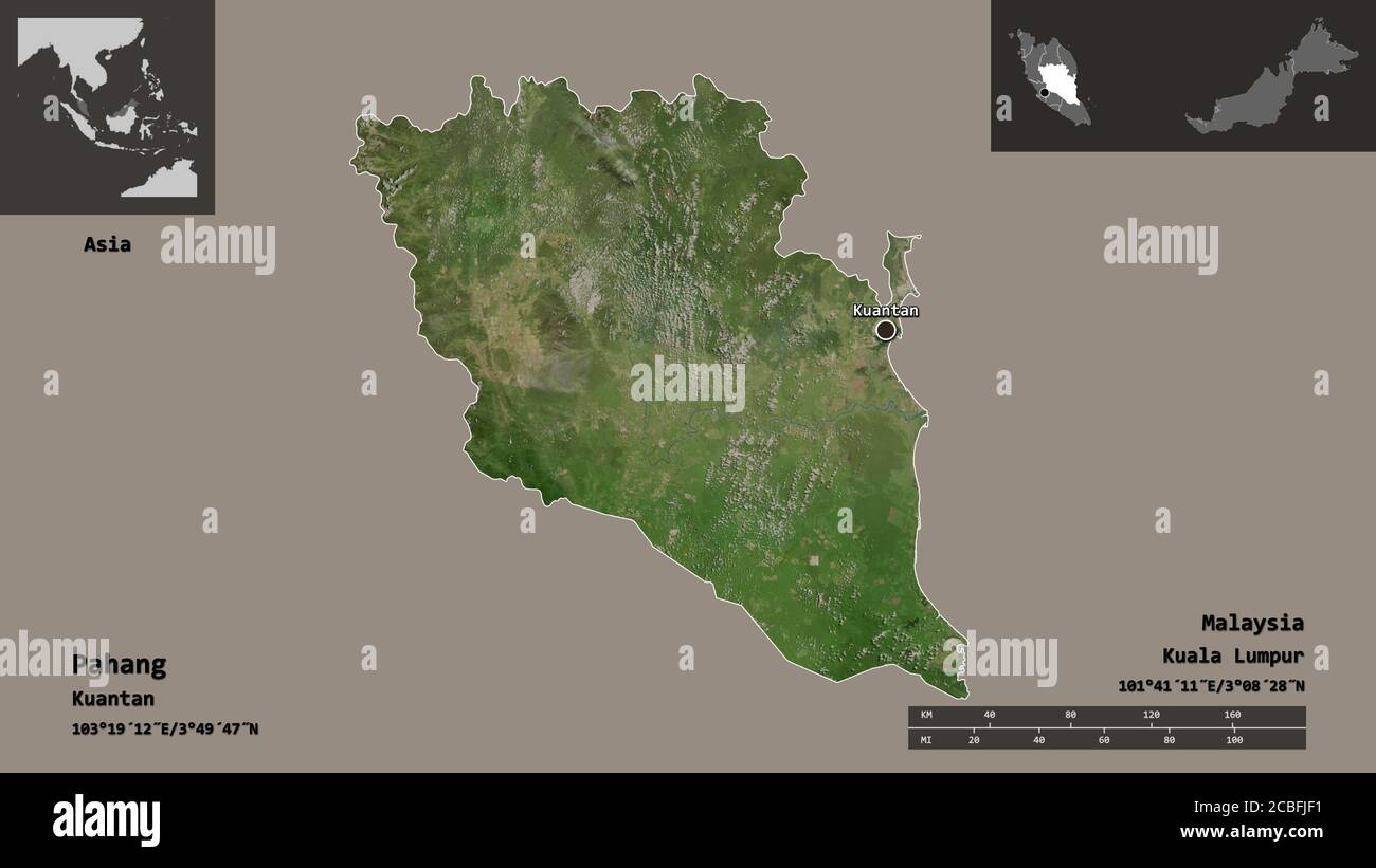 Shape of Pahang, state of Malaysia, and its capital. Distance scale ...