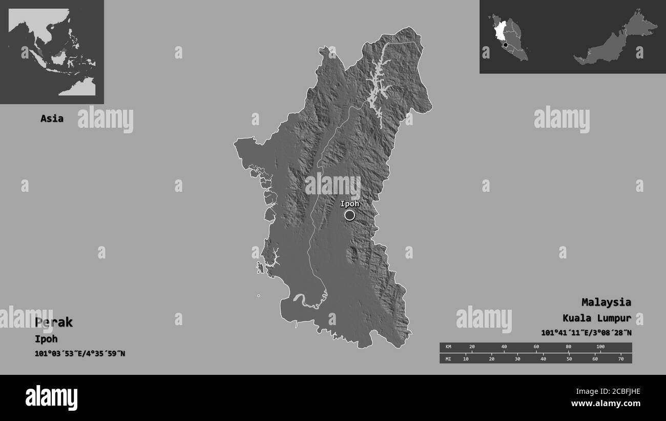 Shape of Perak, state of Malaysia, and its capital. Distance scale ...
