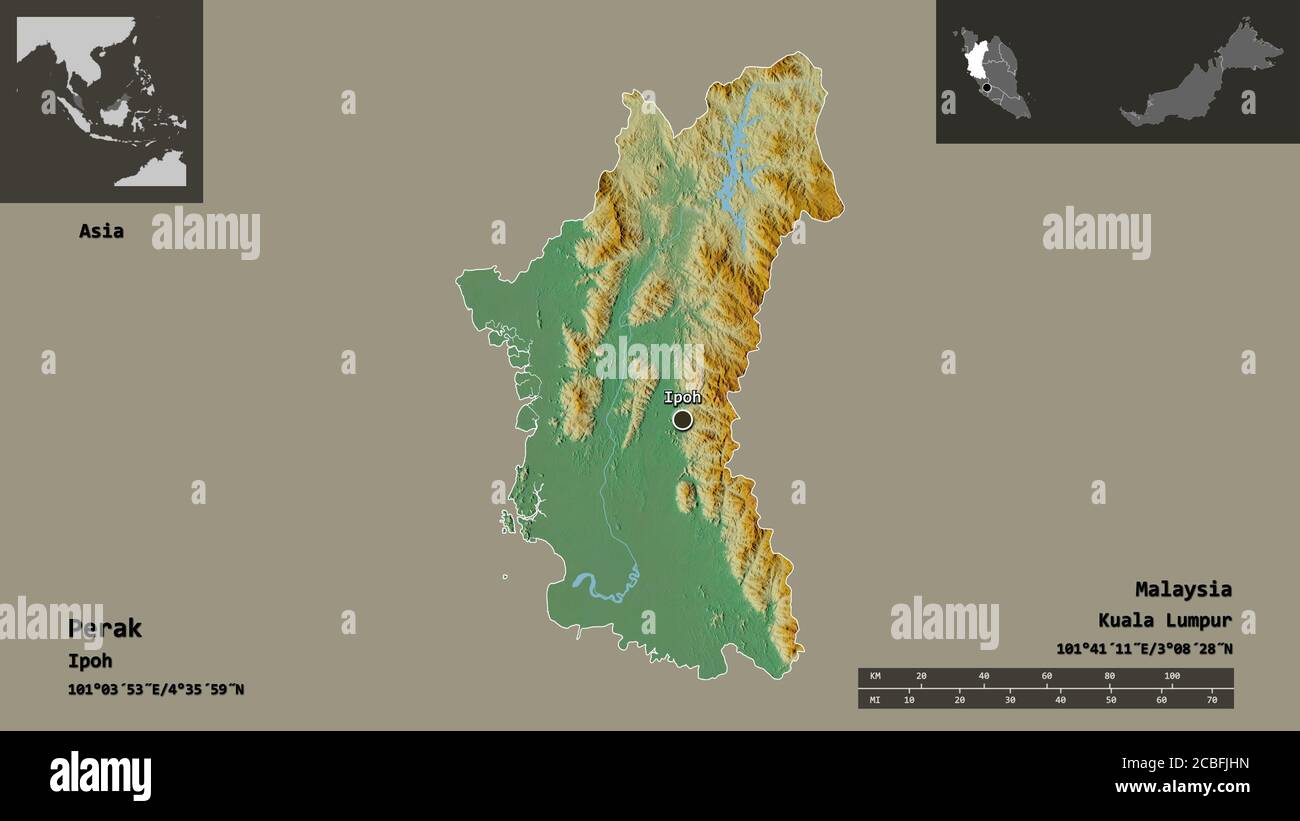 Shape of Perak, state of Malaysia, and its capital. Distance scale ...
