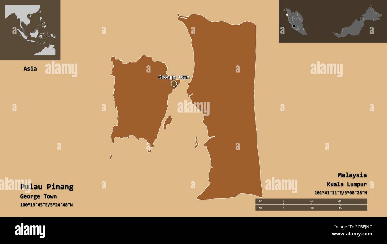 Shape of Pulau Pinang, state of Malaysia, and its capital. Distance ...
