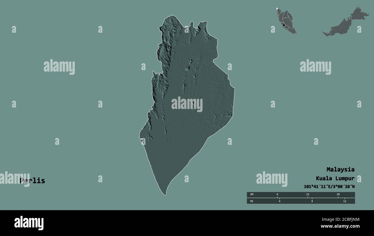Shape of Perlis, state of Malaysia, with its capital isolated on solid ...