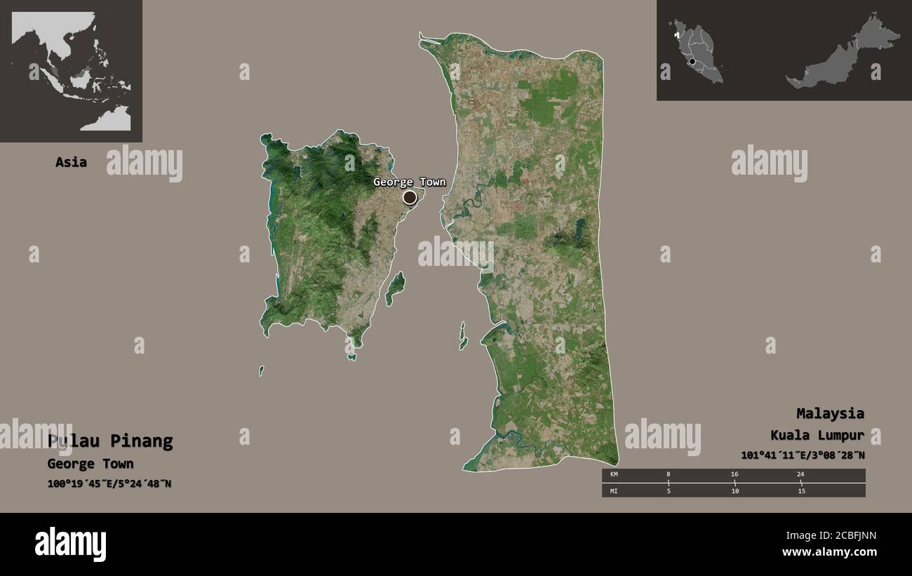 Shape of Pulau Pinang, state of Malaysia, and its capital. Distance ...