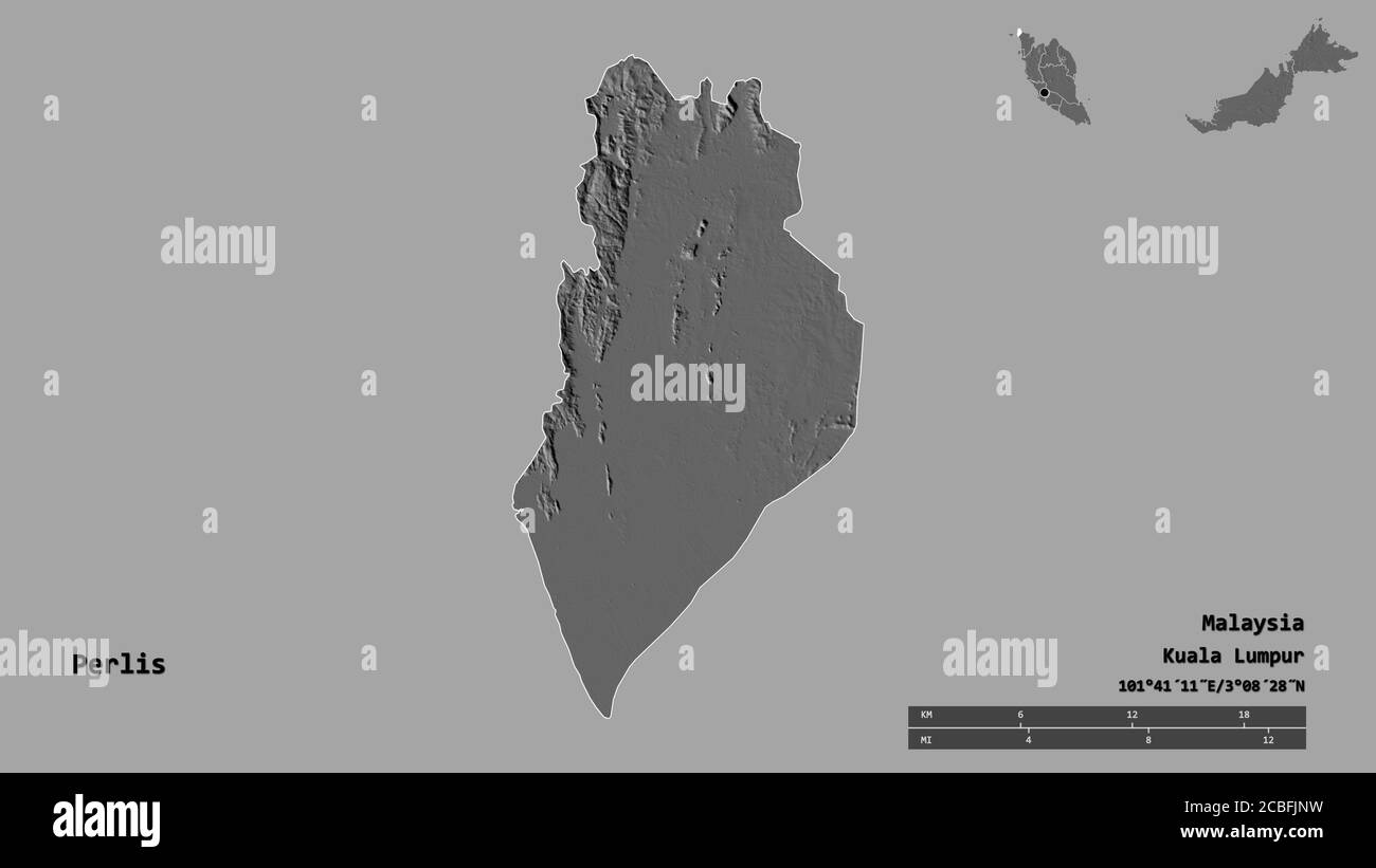 Shape of Perlis, state of Malaysia, with its capital isolated on solid ...