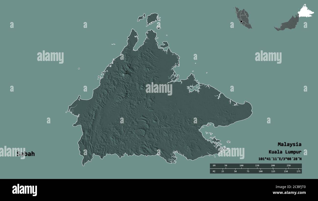 Shape of Sabah, state of Malaysia, with its capital isolated on solid ...
