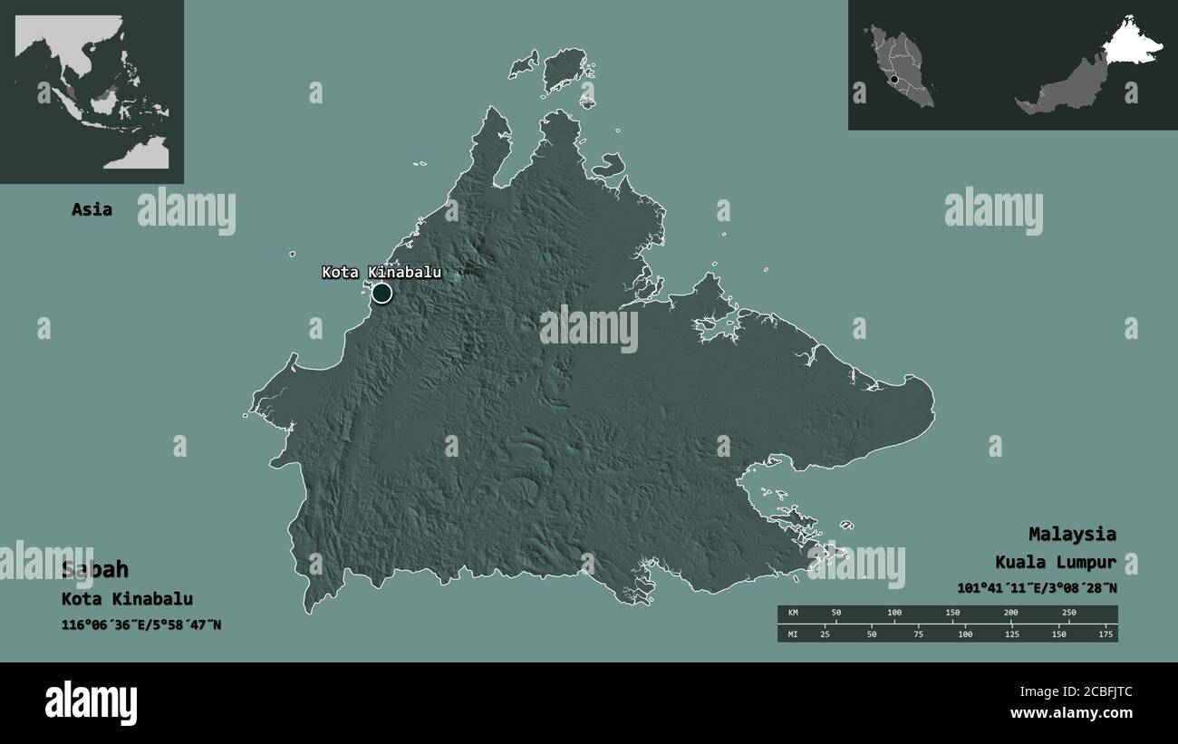 Shape of Sabah, state of Malaysia, and its capital. Distance scale ...