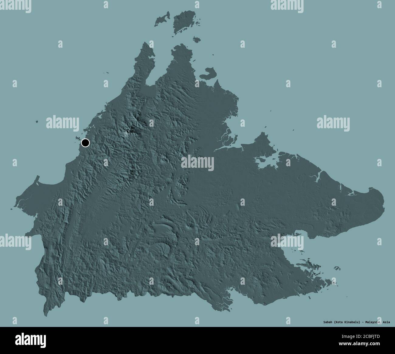 Shape of Sabah, state of Malaysia, with its capital isolated on a solid ...