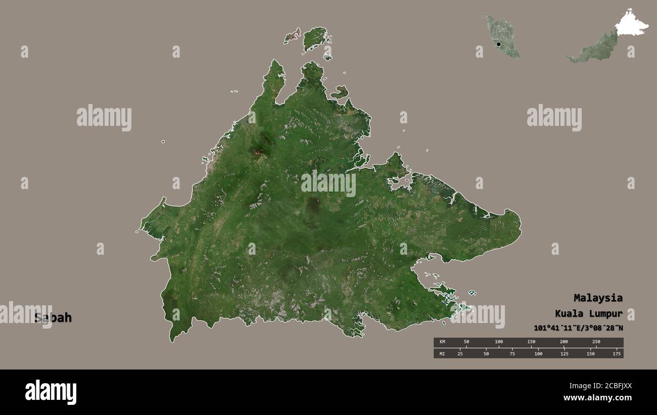 Shape of Sabah, state of Malaysia, with its capital isolated on solid ...