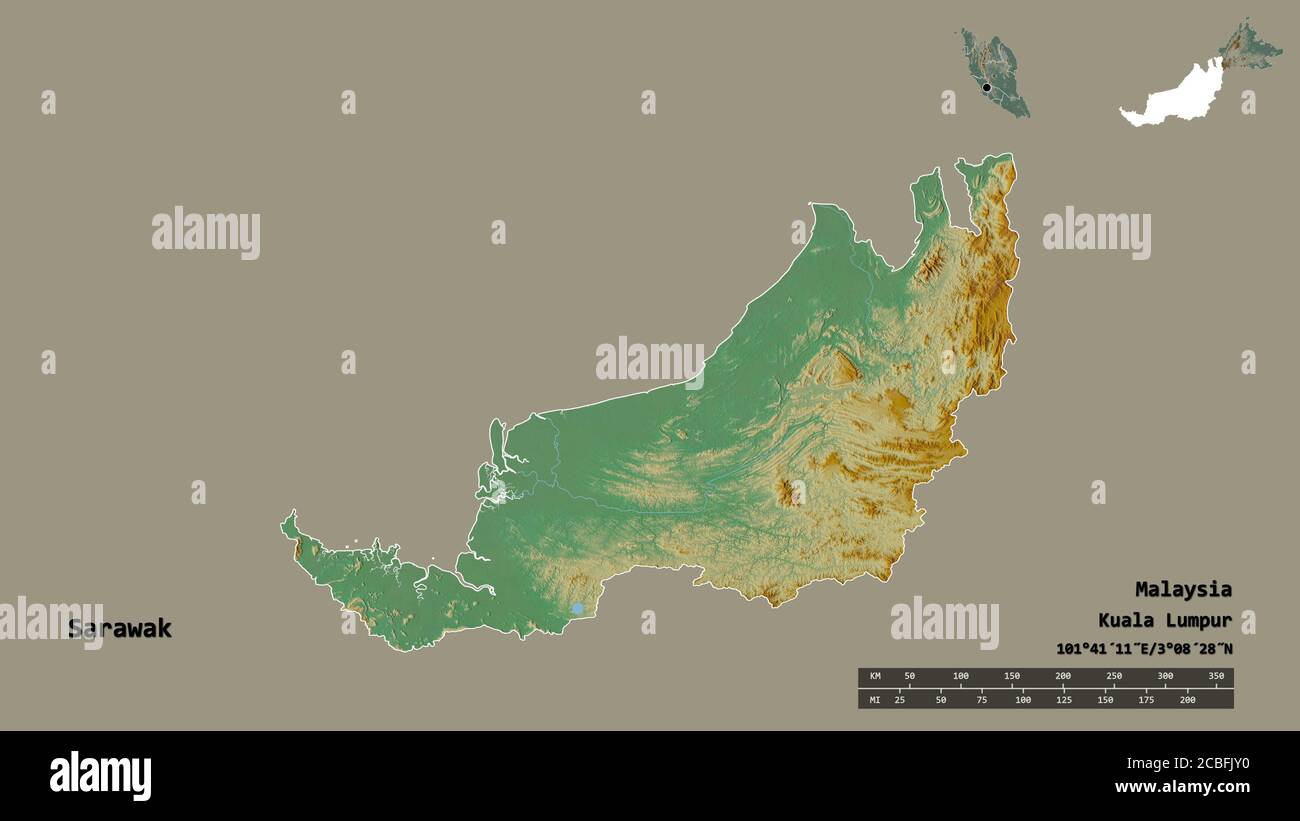 Shape of Sarawak, state of Malaysia, with its capital isolated on solid ...