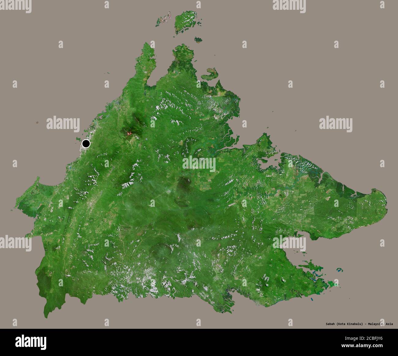 Shape of Sabah, state of Malaysia, with its capital isolated on a solid ...