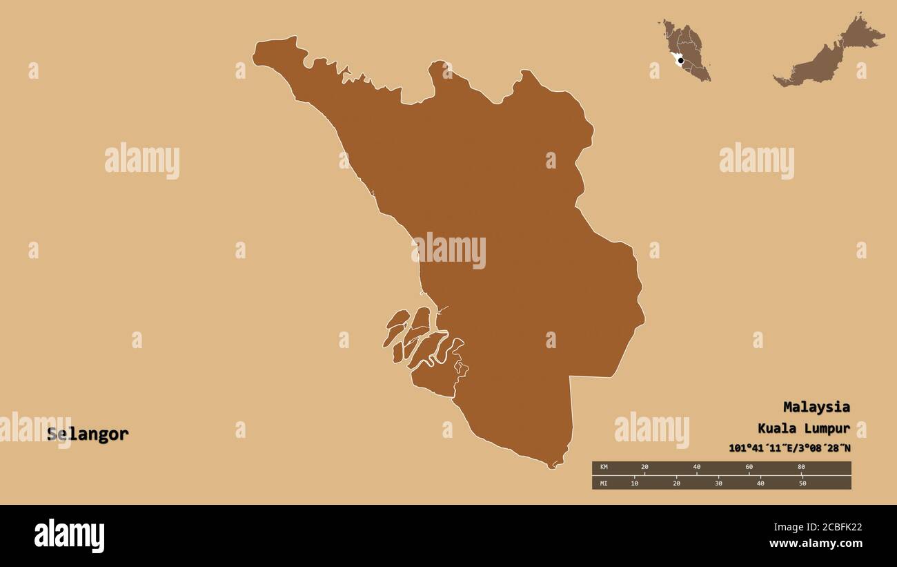 Shape of Selangor, state of Malaysia, with its capital isolated on ...