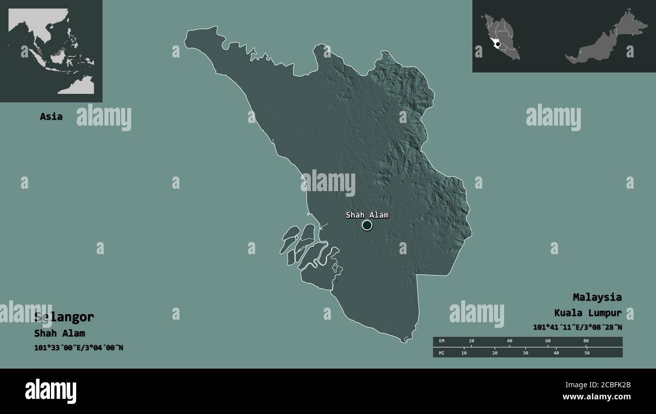 Shape of Selangor, state of Malaysia, and its capital. Distance scale ...
