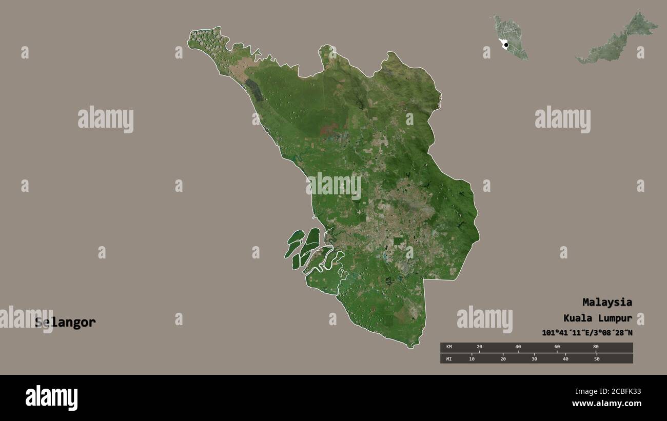 Shape of Selangor, state of Malaysia, with its capital isolated on ...