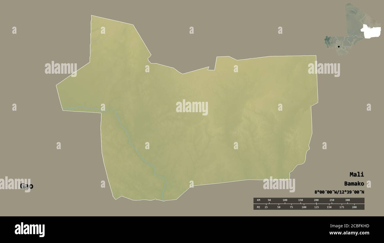 Shape of Gao, region of Mali, with its capital isolated on solid ...